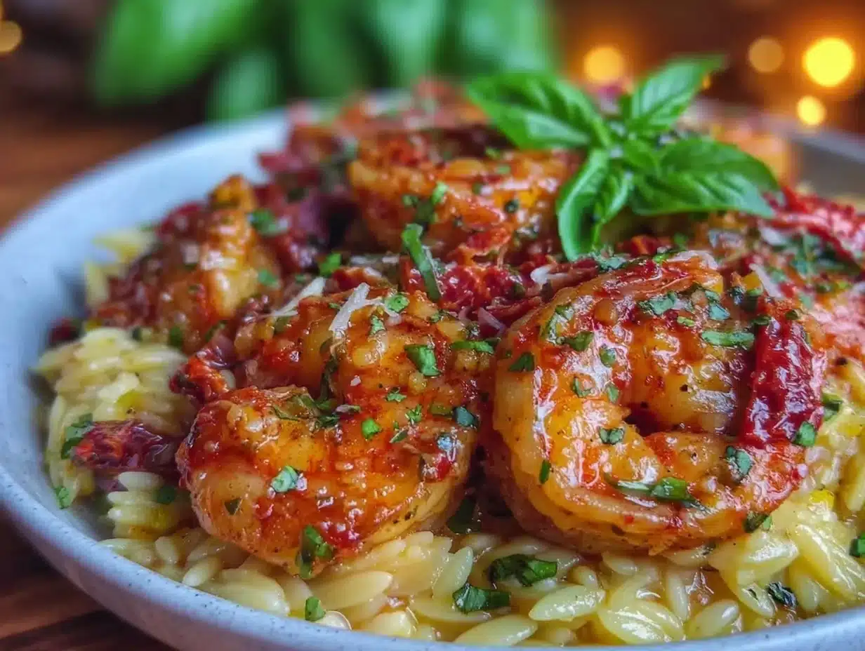 Quick Creamy Garlic Butter Shrimp Orzo Recipe With Sun-Dried Tomatoes